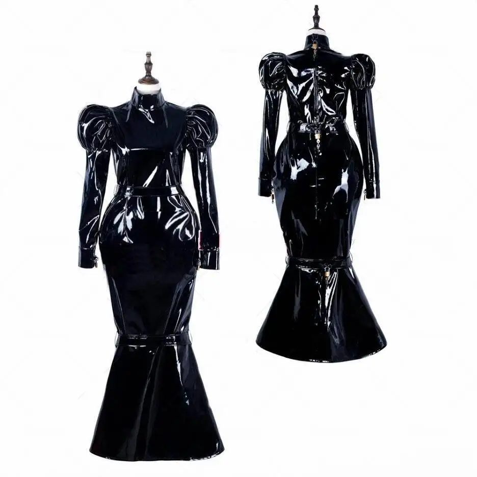 Luxury Dress Glossy PVC Leather Lockable Full Sleeve Sheath Maxi Dress ...
