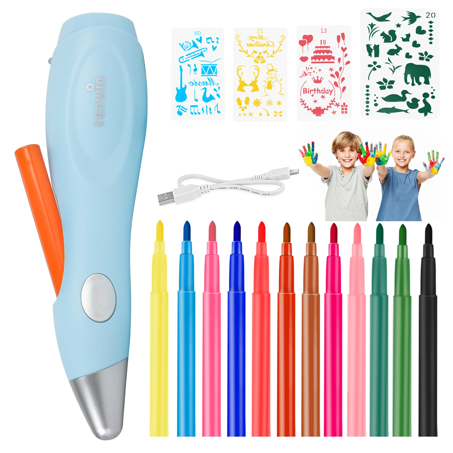 Children Electric Spray Pen Airbrush Set with 12 Markers 4 Coloring ...