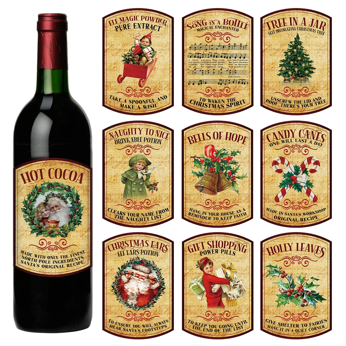 10pcs Christmas Potion Wine Bottle Labels Set,Santa Old Music Christmas ...