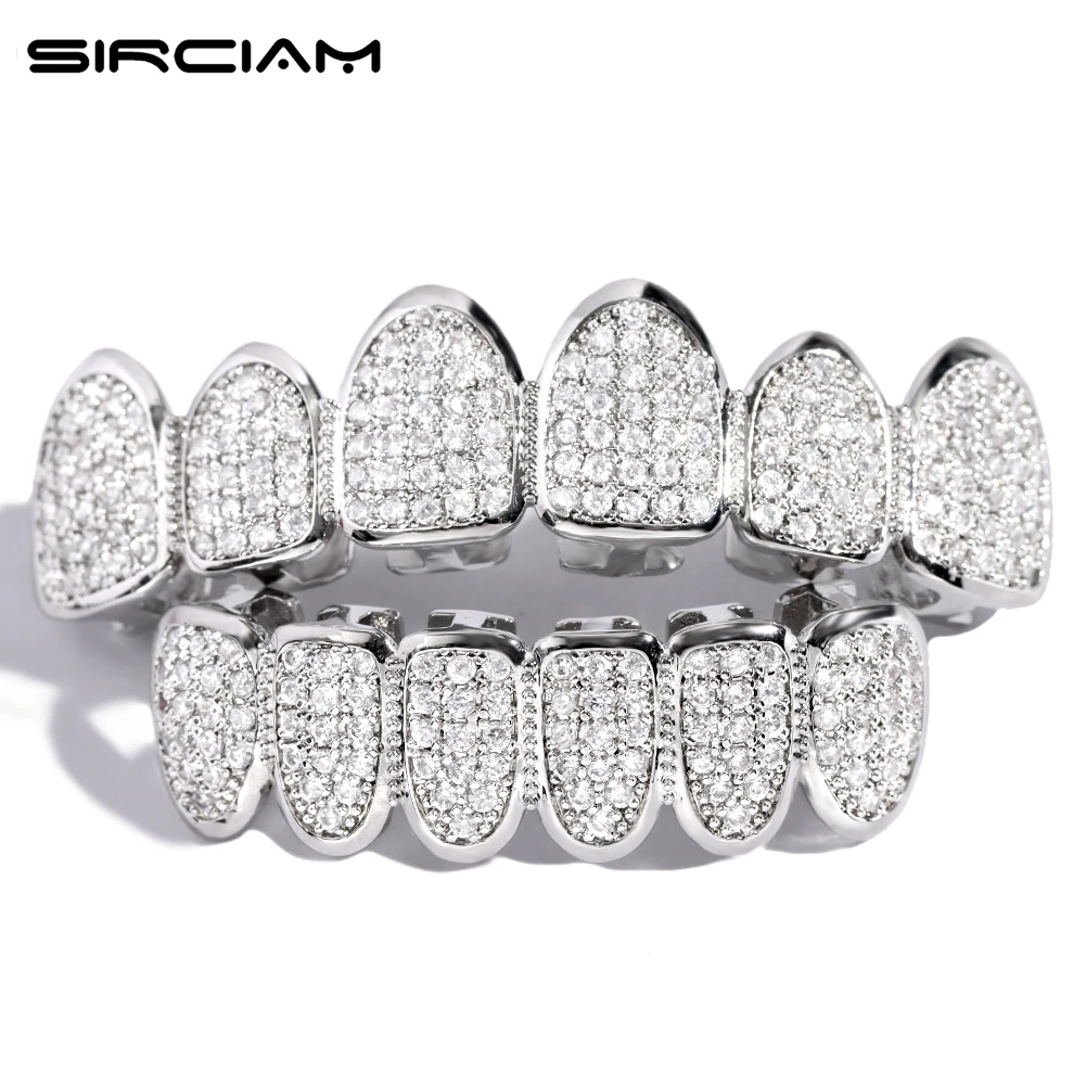 Silver-Plated-Iced-Out-Micro-Pave-Teeth-Grillz-For-Men-Top-Bottom-AAA ...