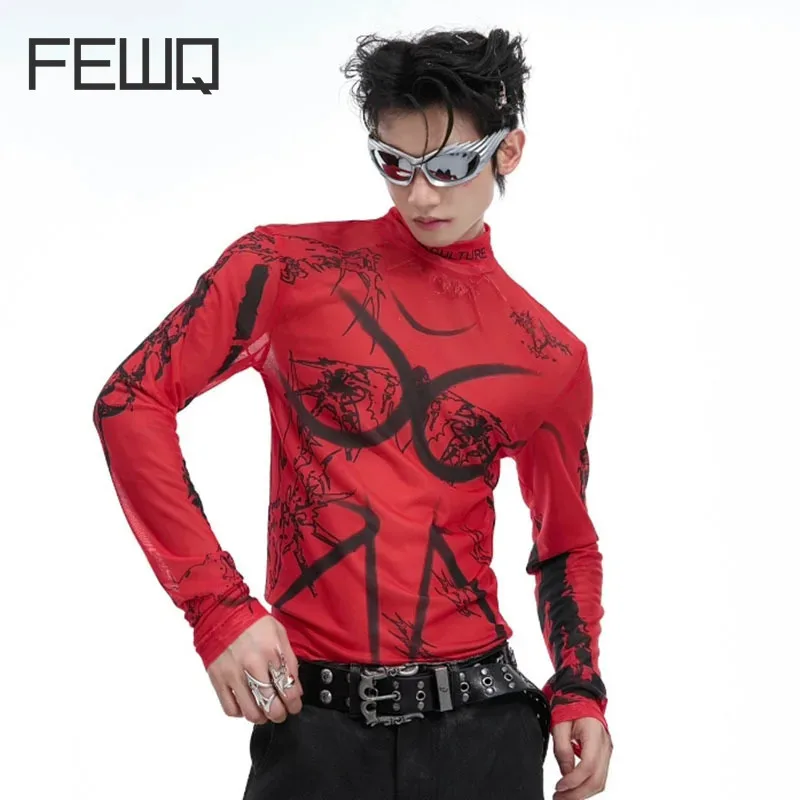 FEWQ-High-Street-Print-Long-Sleeved-Tshirt-Long-Design-High-Neck-New ...