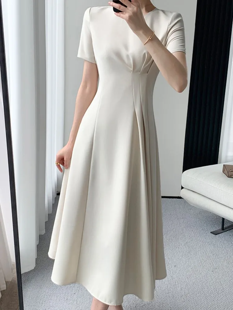 Women-Elegant-Midi-Dress-Summer-New-Fashion-Short-Sleeve-Solid-Female-A ...