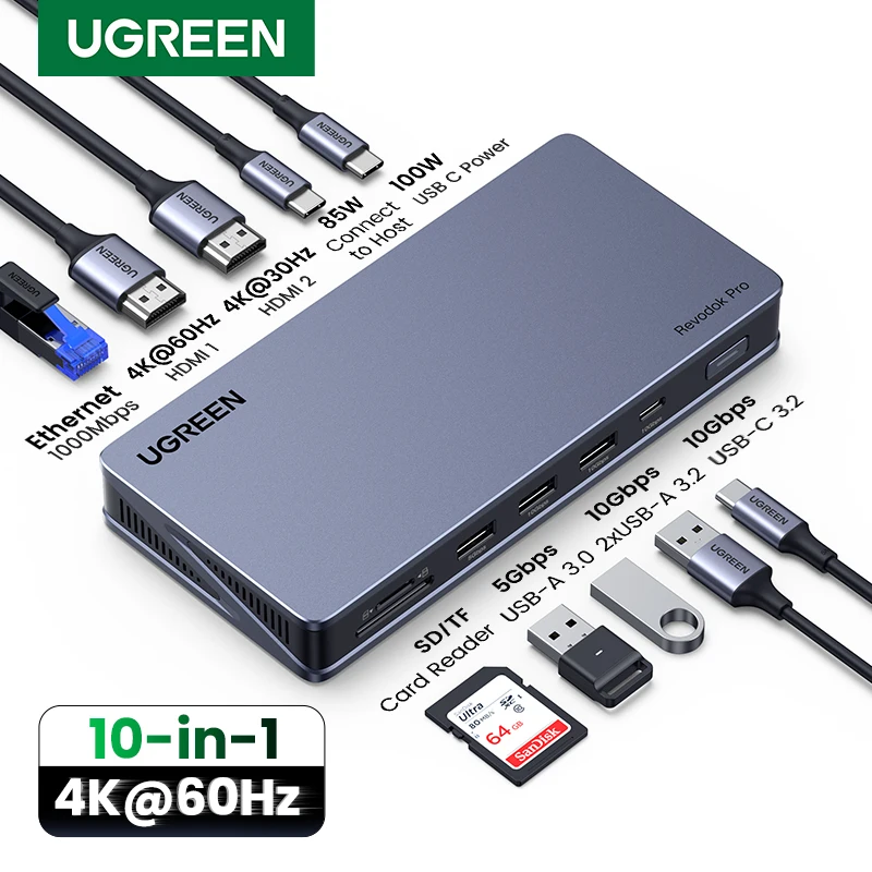 UGREEN-Dual-HDMI-USB-C-HUB-4K60Hz-HDMI-Adapter-with-RJ45-10Gbps-USB3-2 ...