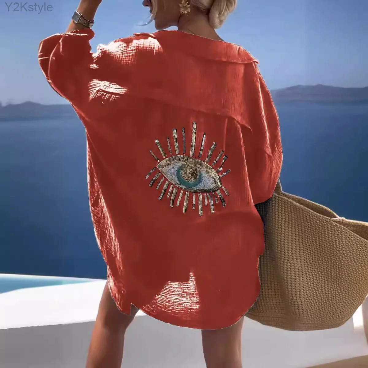 Evil-Eye-Casual-Sequin-Beaded-Shirt-Spring-Geometric-Eye-Top-Long ...