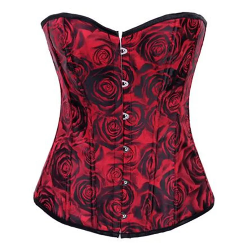 Red Rose Print Bones Sexy Bustier And Corset For Women Vintage Corset ...