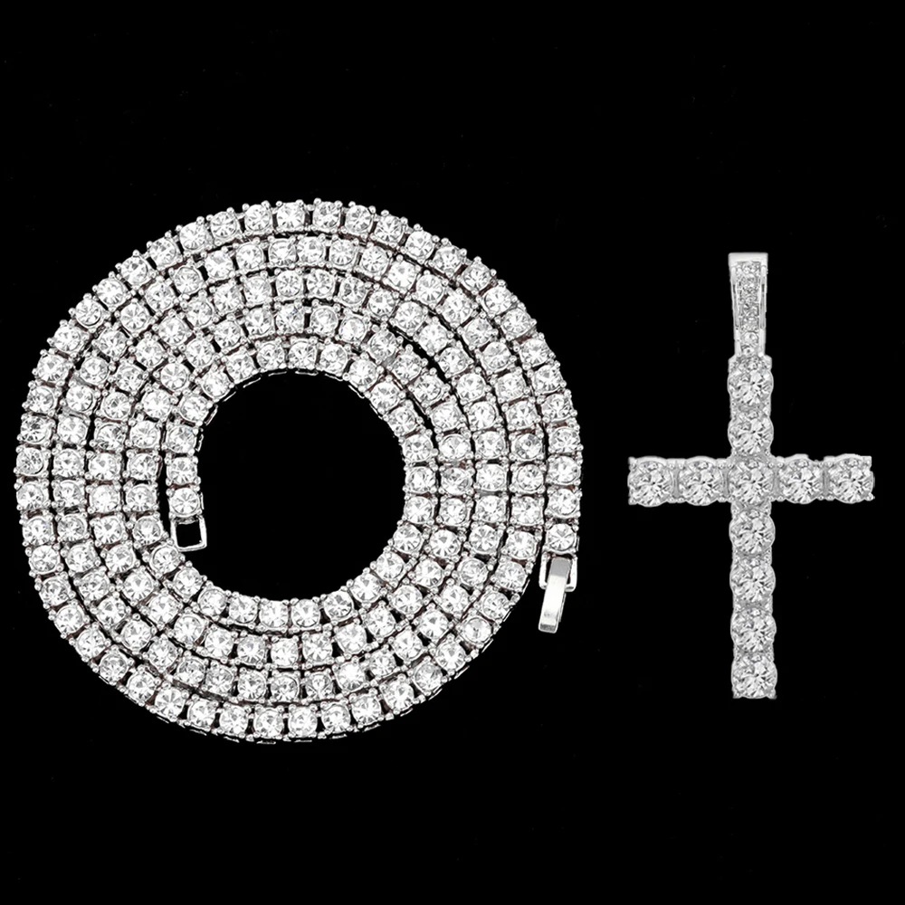 Hip-Hop-Cross-Pendant-Necklace-Strap-4mm-Zircon-Tennis-Chain-Iced-Out ...