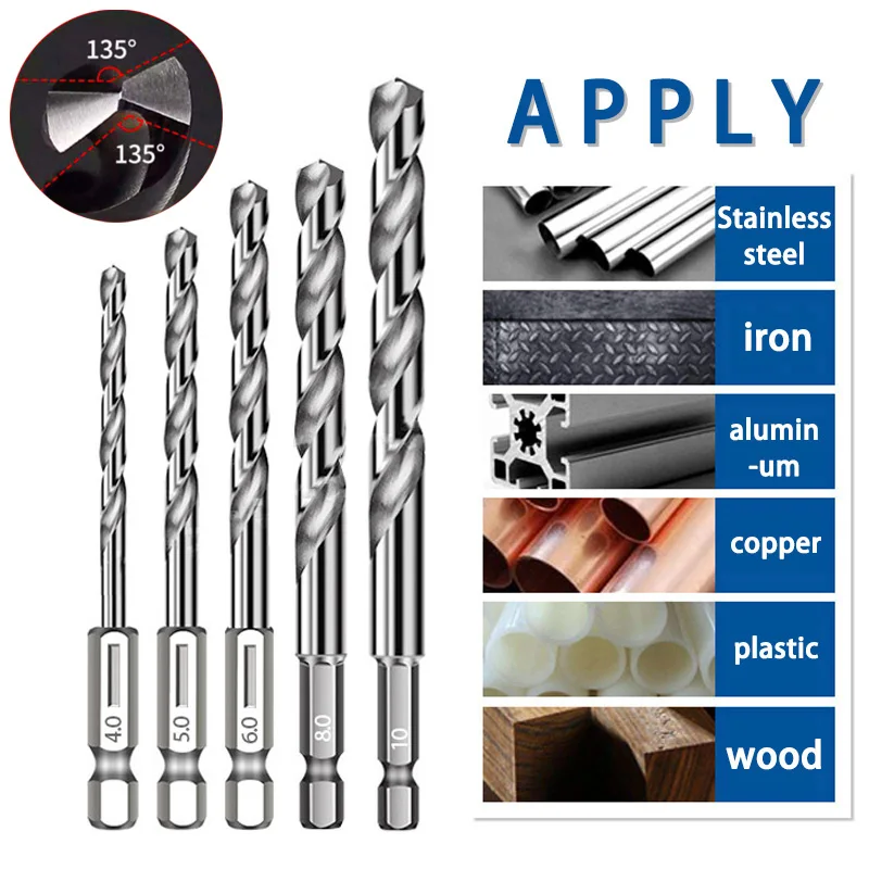 5PC-Super-Sharp-White-Steel-1-4-Hexagonal-Shank-Twist-Drill-Stainless ...