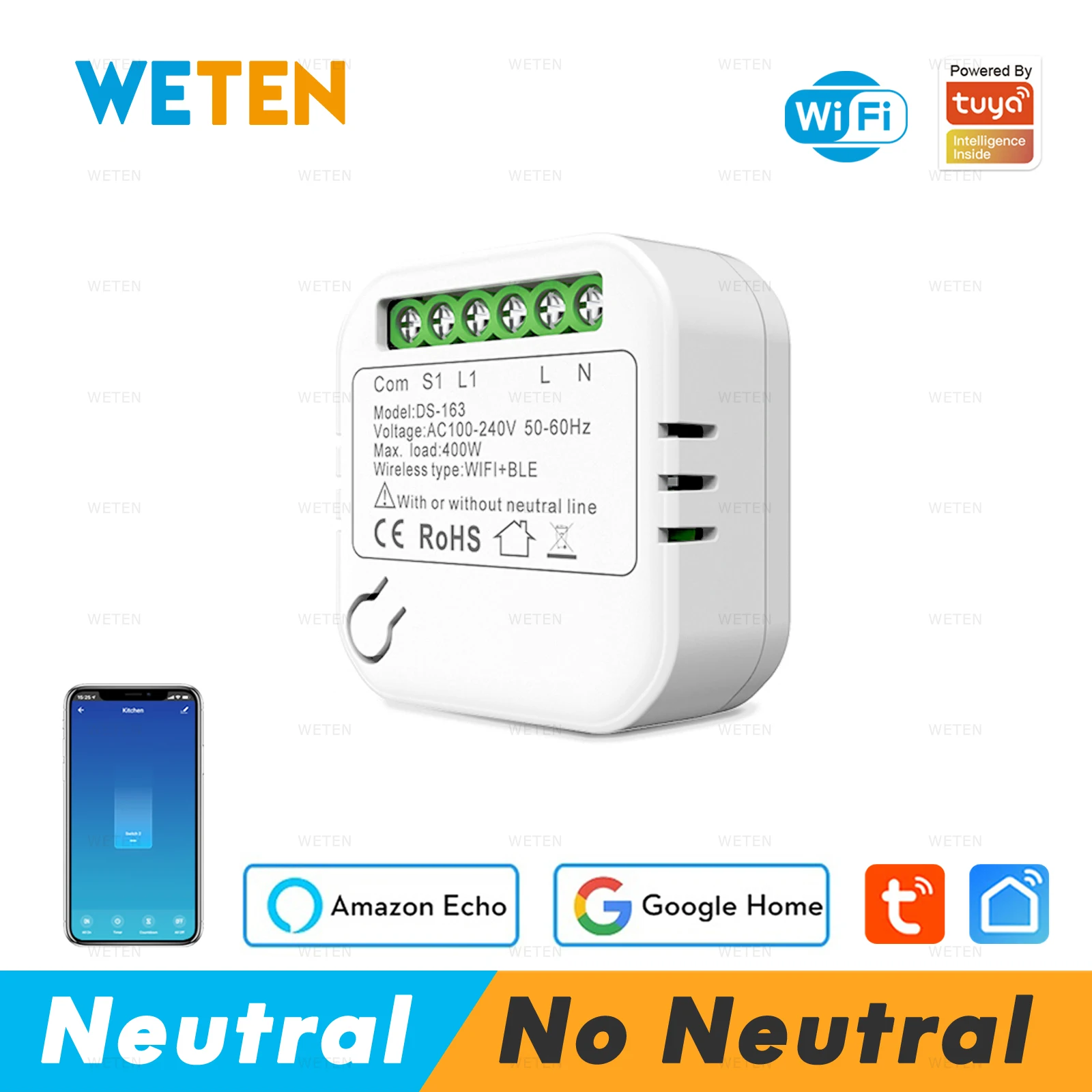 Tuya Smart Wifi Switch Module No Neutral, Support 2 Way Control 110V ...