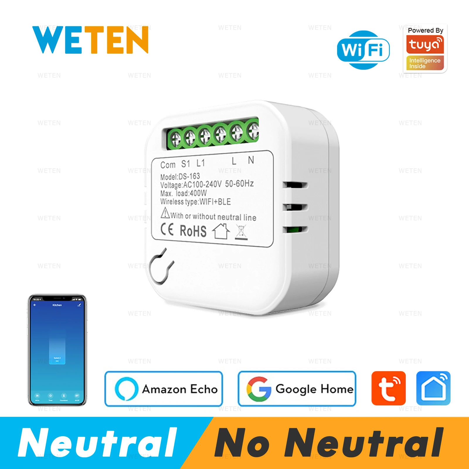 Tuya Smart Wifi Switch Module No Neutral, Support 2 Way Control 110V ...