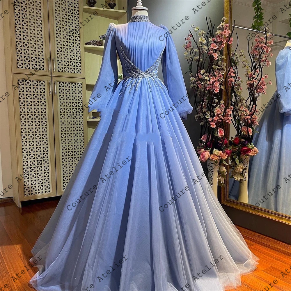 Turkey Tulle Puff Long Sleeve Muslim Evening Dresses A Line Elegant ...
