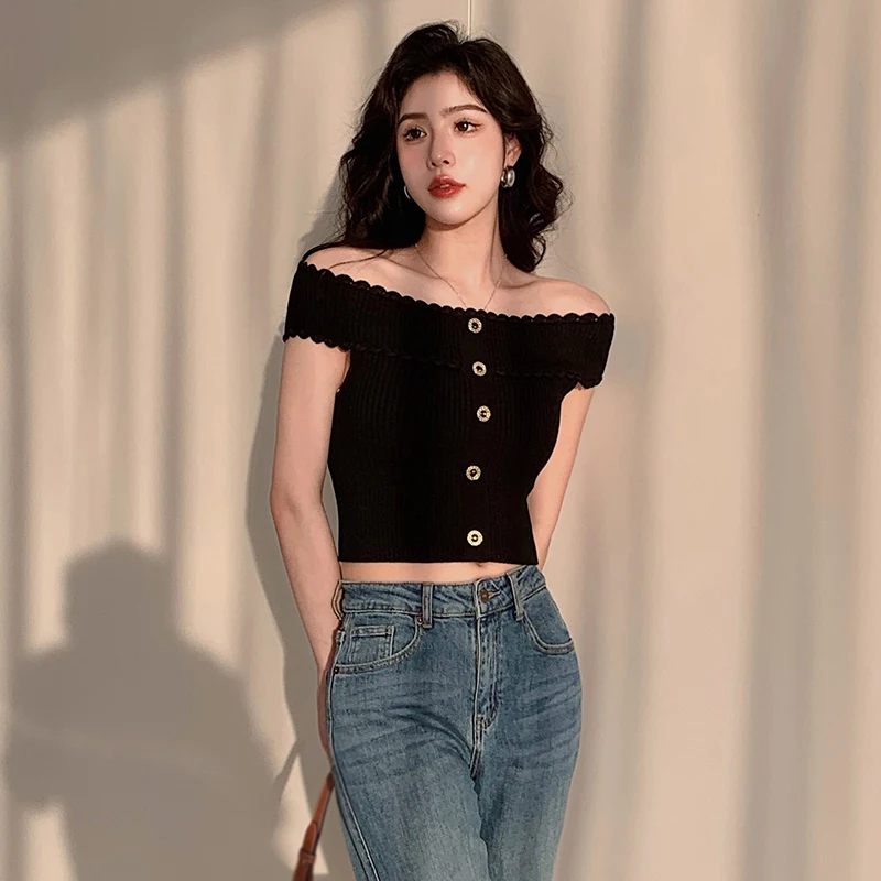 여성용 우아한 레이스 A 넥 스트랩리스 핏 스트라이프 니트웨어 짧은 상의 슬림 섹시 레이스 패치워크 한국 버전 반팔 상의