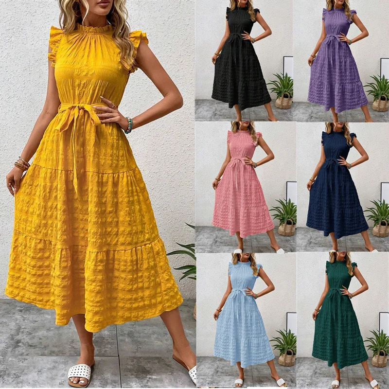 Women-s-Fashion-Ear-Edge-Flying-Sleeves-Lace-Up-Texture-Dress-Yellow ...