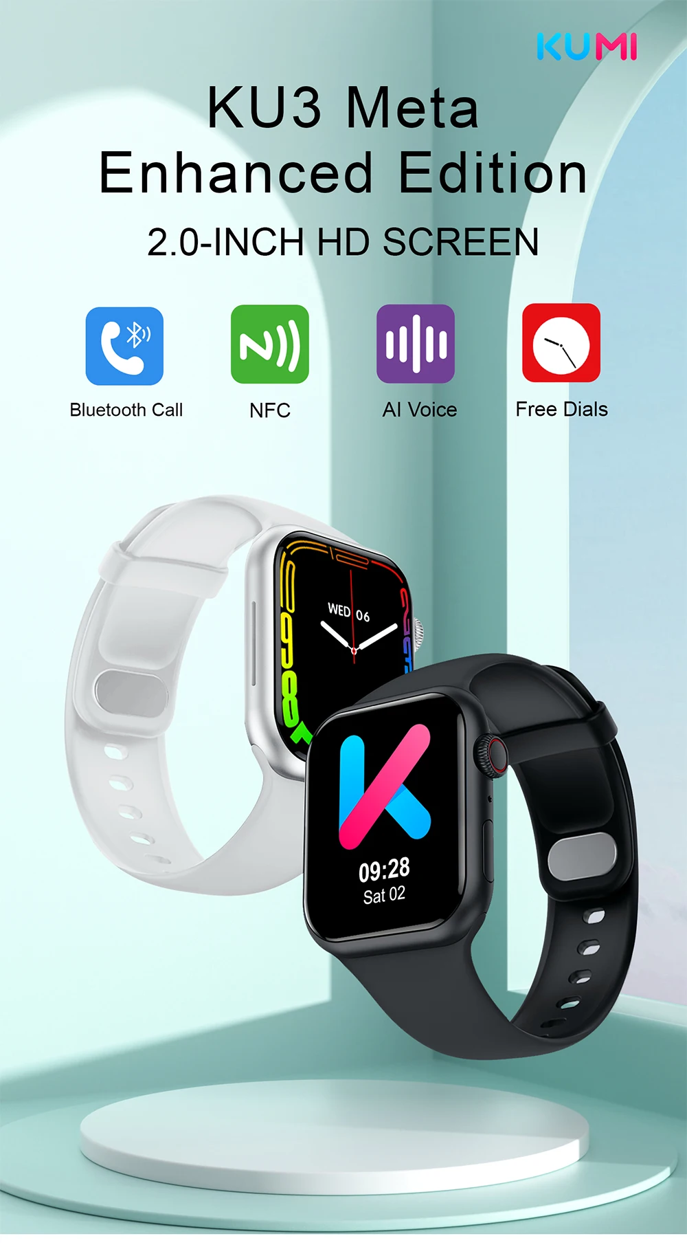 Смарт часовник KU3 Meta, Kumi, 2.0 инча, IP68, сребрист - eMAG.bg