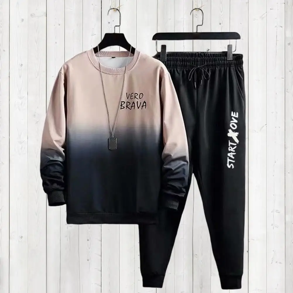 2-Pcs-Set-Men-Top-Pants-Suit-Gradient-Contrast-Color-Round-Neck-Two ...