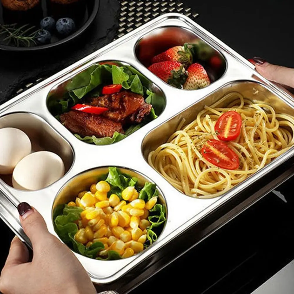 Classical-Stainless-Steel-Dining-Plate-Rectangular-Divide-Meals-Platter ...