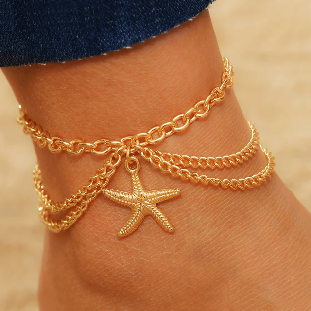 EN New Gold Color Multilayer Chain Bracelet On Leg Starfish, 59% OFF