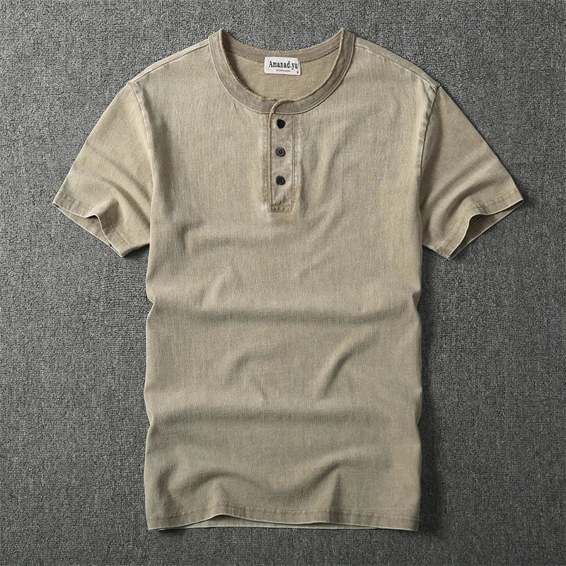 Summer-American-Retro-Short-sleeved-Henry-Collar-Solid-Color-T-shirt ...