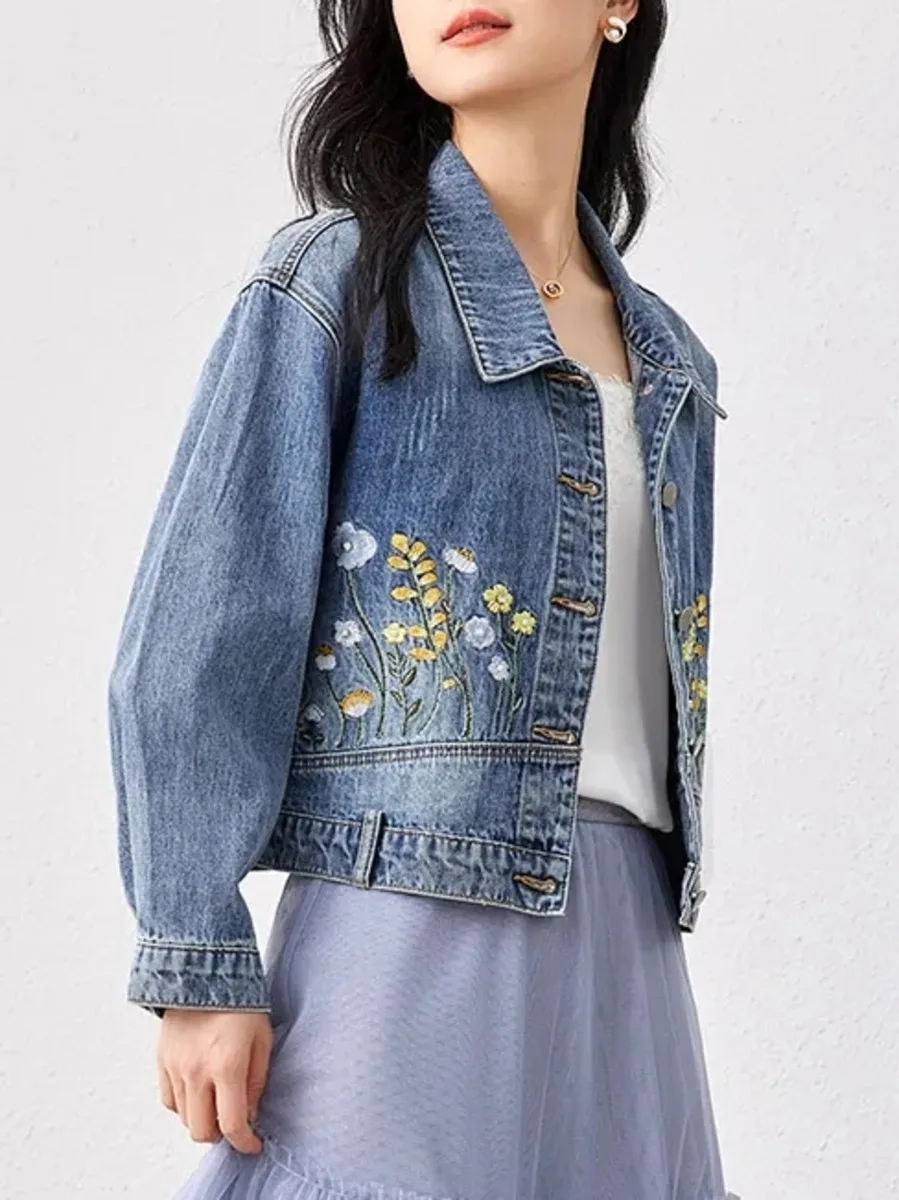 Floral Embroidered Denim Short Jacket Women Casual Denim Jacket Casual ...