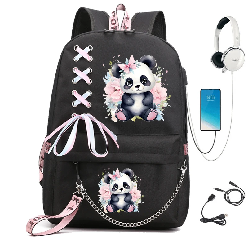 Floral Panda Print School Backpack Bag for Students Kawaii Cartoon ...
