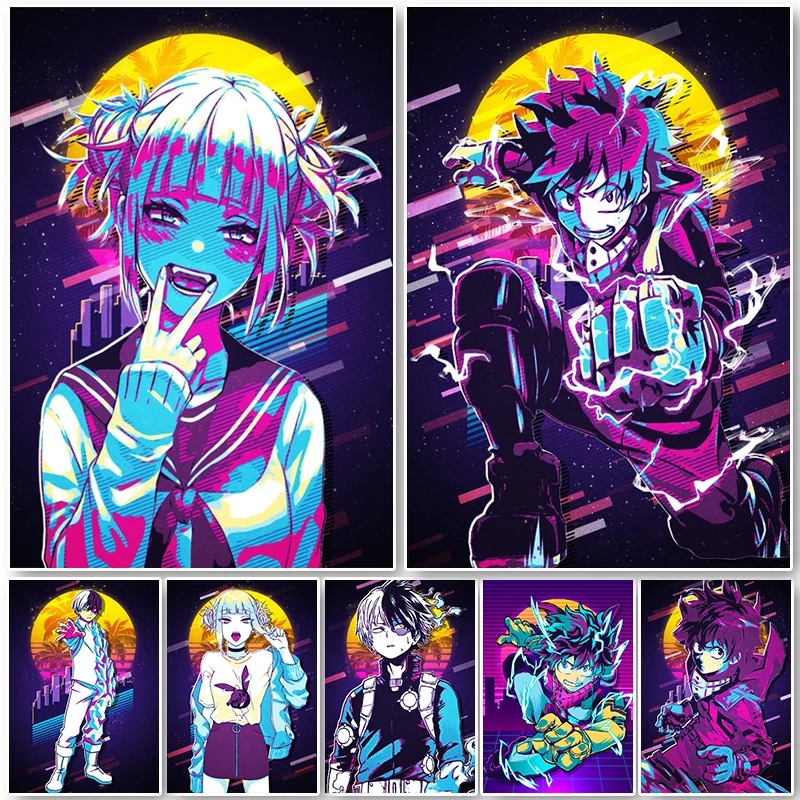 My Hero Academia Anime Posters Retro Neon Cartoon Characters Todoroki ...