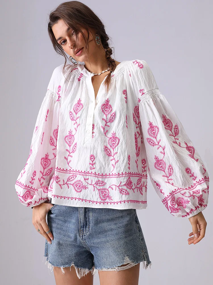 2025 Fashion Women's Shirt Flower Embroidery Shirt Long Sleeve Spring ...