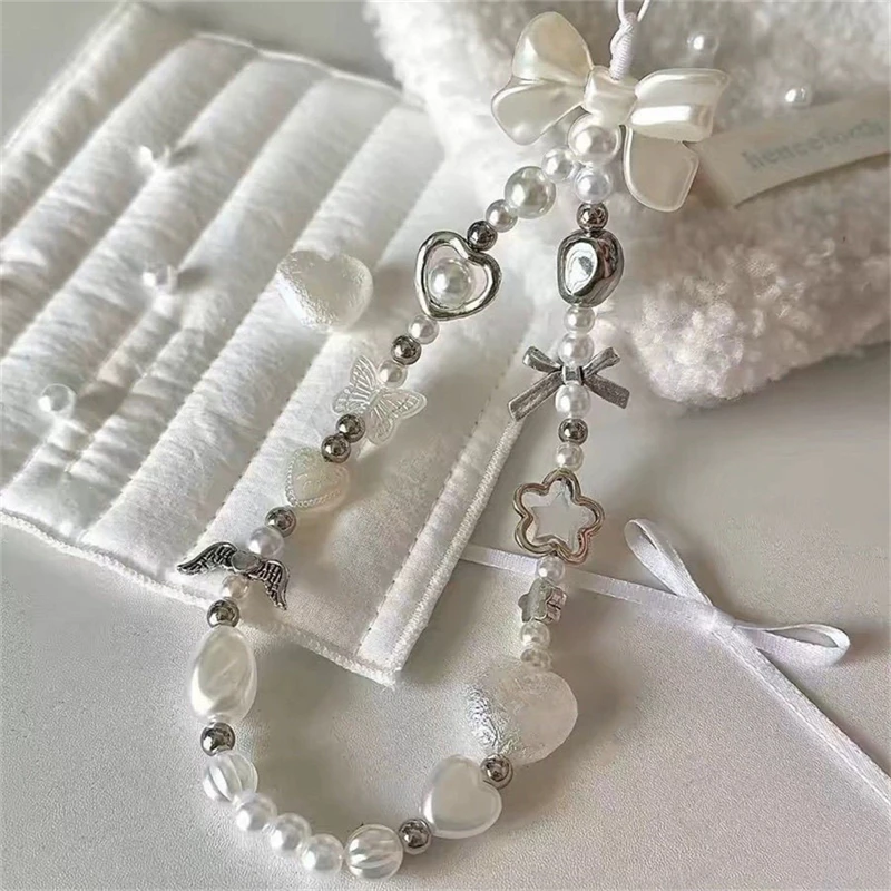 INS-Korean-Cute-White-Bow-Heart-Pearl-Beads-Beaded-Phone-Chain-For ...
