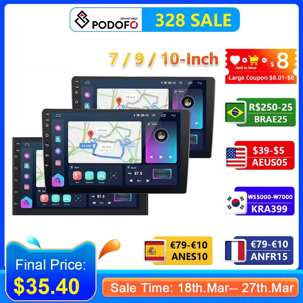 Podofo Android12 Car Stereo Radio 7/9/10inch 4+64G Carplay Android auto ...