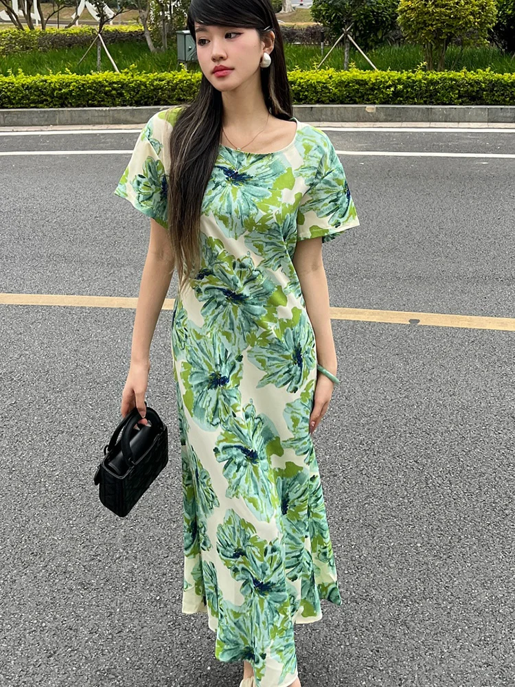 Women Summer Dress Fashion Printing Thin Round Neck Short Sleeved Green ...