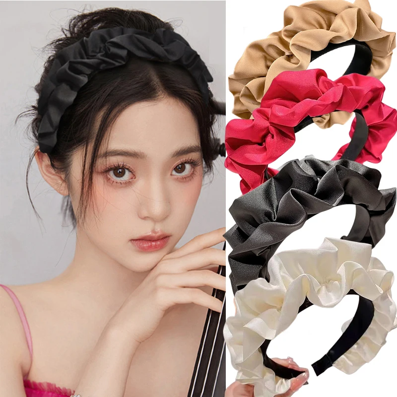 New-2023-Korean-Big-Wide-Ruffles-Satin-Bezel-Black-Coffee-Neutral-Solid ...