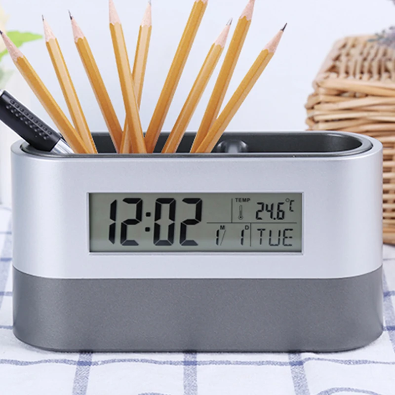 Electronic-Digital-Pen-Holder-Alarm-Clock-Calendar-Temperature-Display ...