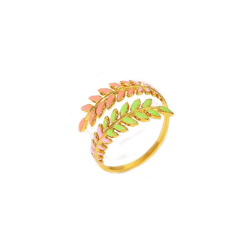 Stainless Steel Branch Olive Leaf Rings For Women Zircon Enamel ...
