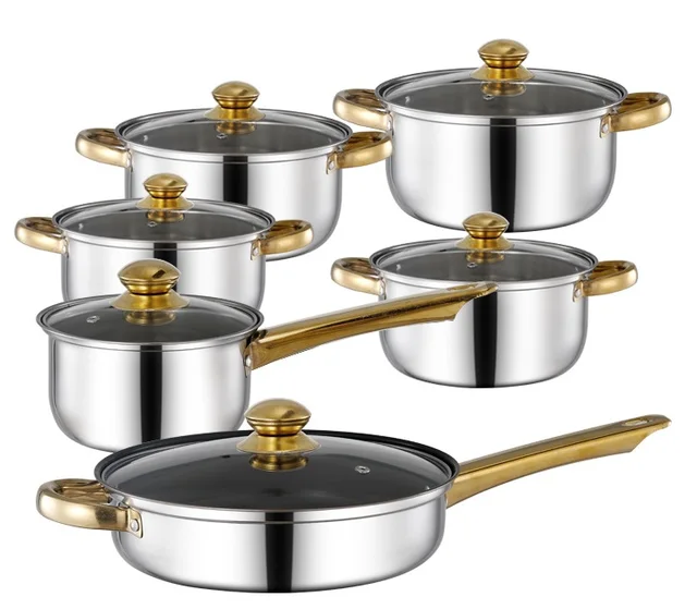 Stainless Steel Pot Set 12-piece Set Gold Handle Set Non-Stick Frying Pan