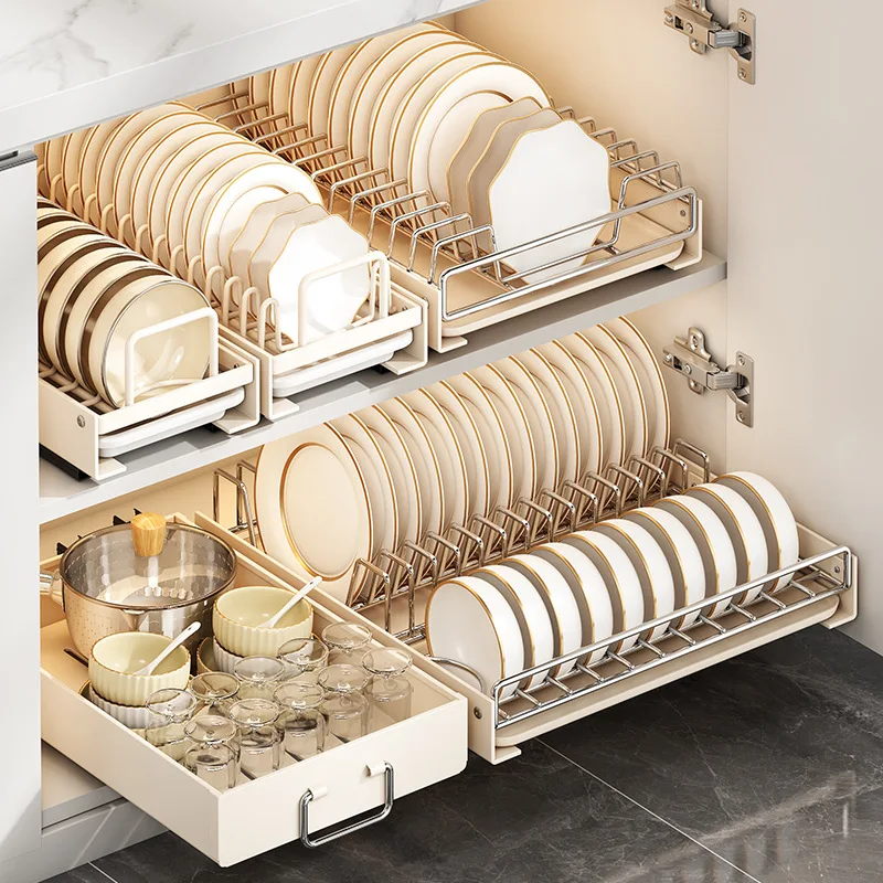 Pull Out Dish Racks Stainless Steel Bowl Storage Rack Cabinet Organizer ...