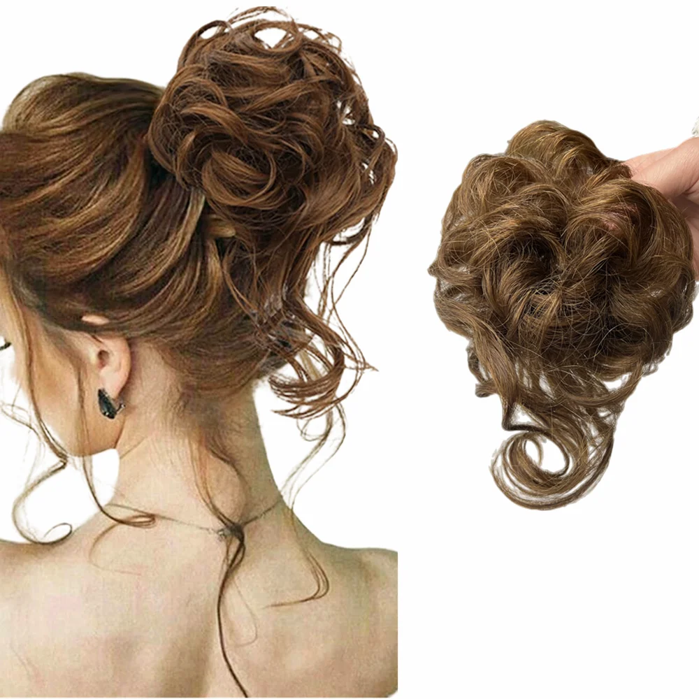 Moño de cabello humano 100% rizado con banda elástica para mujer, moño ...