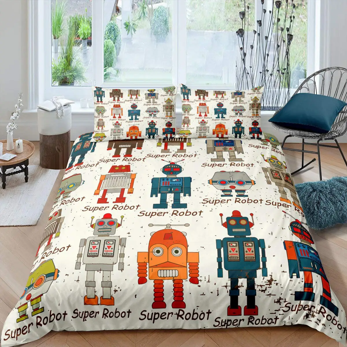 Kids Boys' King Size Bedding - Watercolor Robot Duvet Cover Set, 2/3 ...