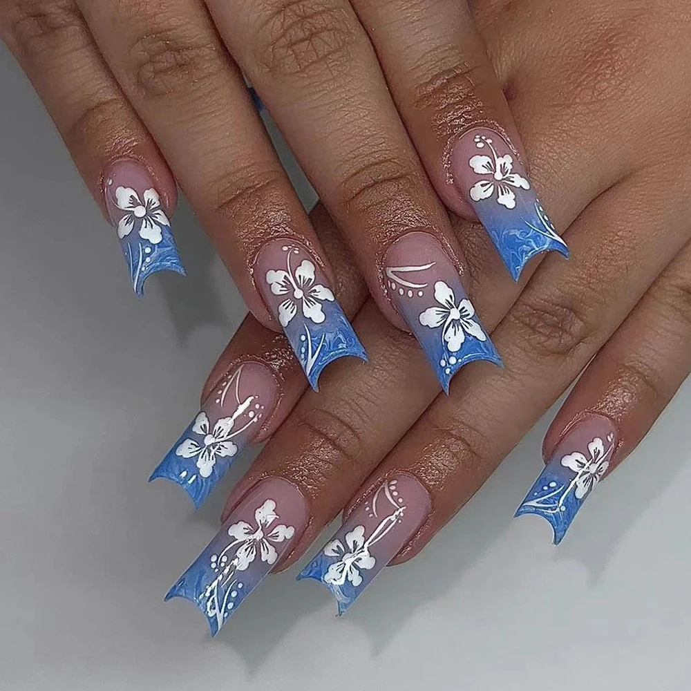 ARTAUG 24PCS Long Press On Nails Coffin Grey Glisten Blue Floral Fake ...