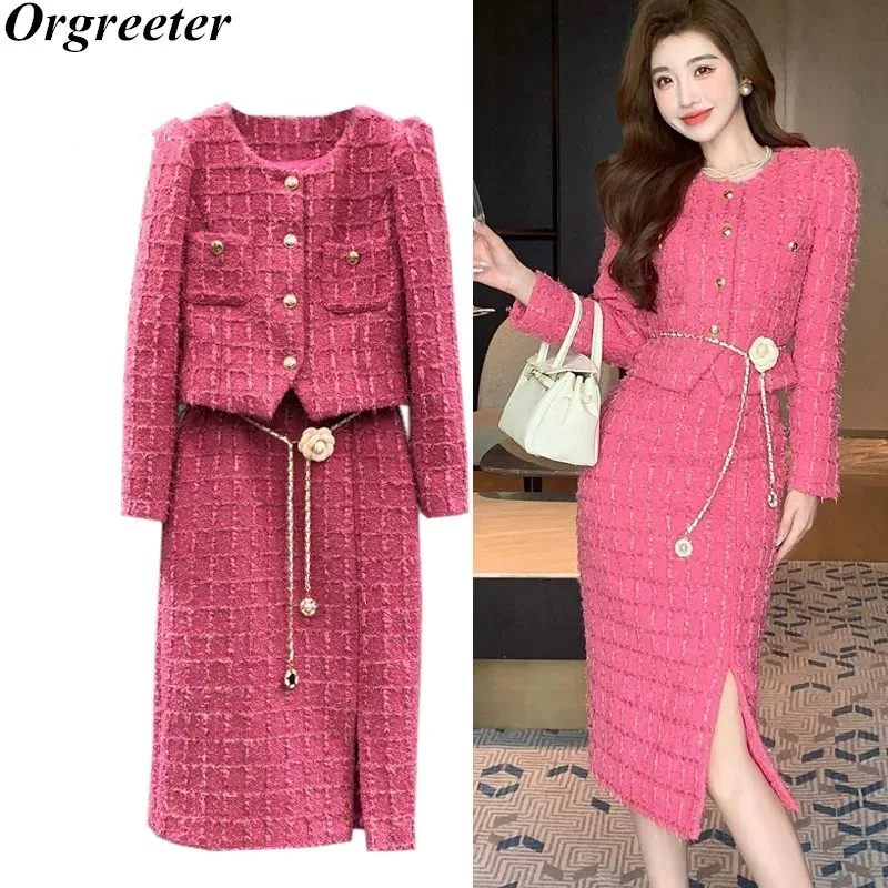 Korean-Fashion-Vintage-Tweed-Two-Piece-Set-Women-Rose-Red-Short-Jacket ...