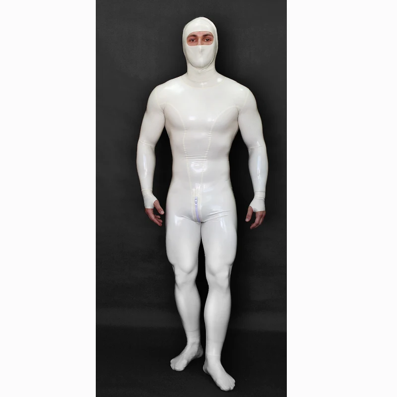 Herren weiße Ganzkörper Latex Catsuit Augen Eintrag Gummi Bodysuit Halb ...