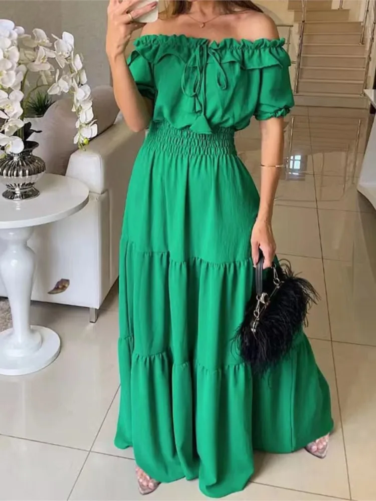 Summer-Women-Green-Dress-Fashion-Elegant-Short-Sleeve-Ruffles-Maxi ...