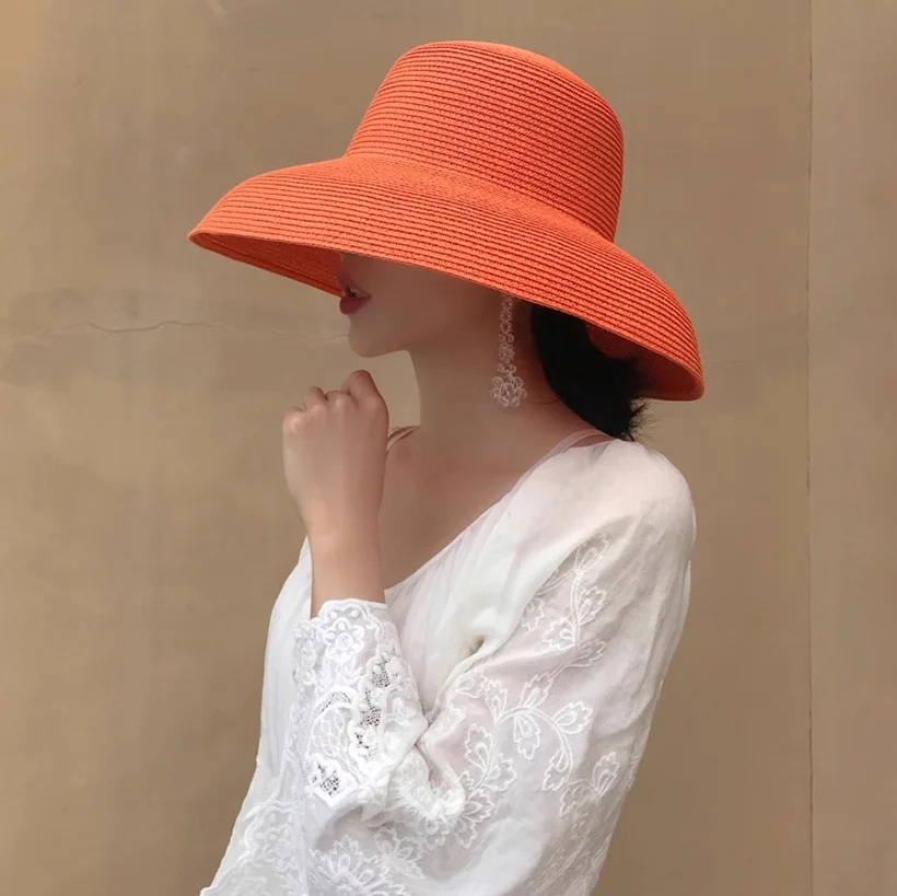 Orange Hat New Women's Sun Hat Folding Beach Hat Big Brim Travel ...