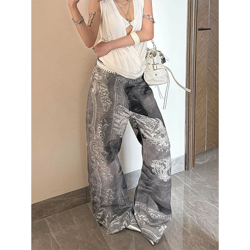 Jeans oversize Y2k gotico grigio da donna Pantaloni jeans larghi ...