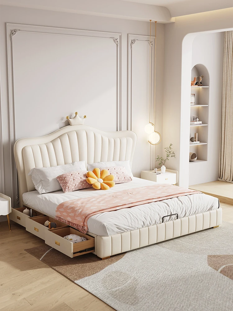 Children's bed girl with drawer storage solid wood bedroom bed soft bag ...