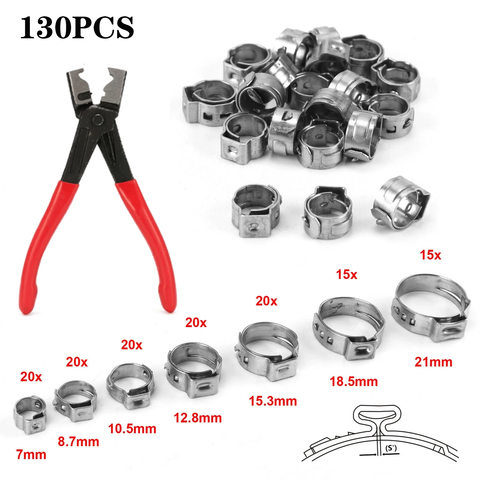 130pcs-Single-Ear-Hose-Clamps-Hose-Clip-Clamp-Pliers-7-21mm-Tool-kit ...