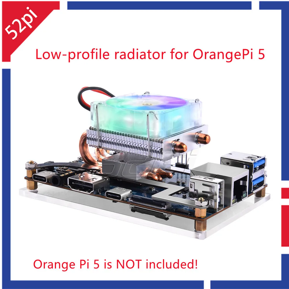 52Pi Orange Pi 5B Cooler Low-Profile Radiator 5V Fan Ice Cooler Heatsink