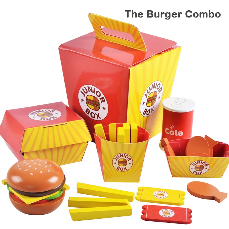 Children's simulation food toy set, wooden simulation burger, fries ...