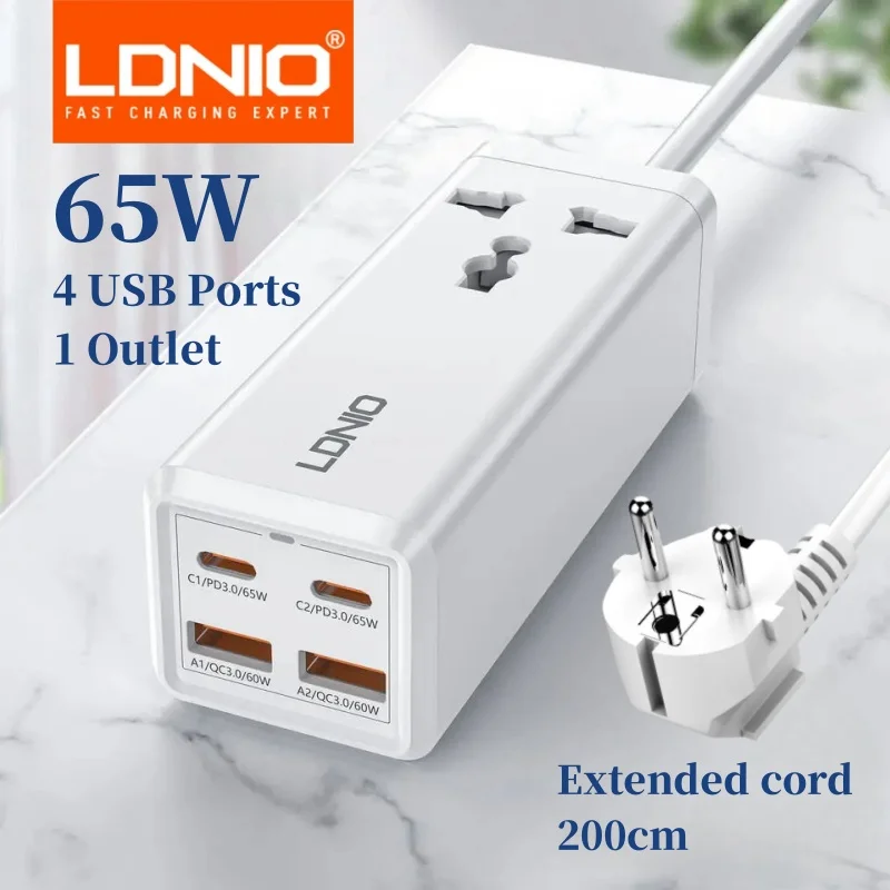 LDNIO-65W-Fast-Charger-Type-C-Power-Strip-Outlet-2M-Extension-Cable-USB ...