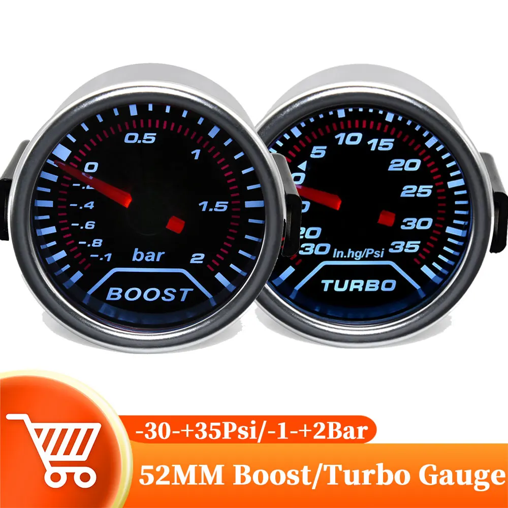 2-52mm-Car-Boost-Gauge-Turbo-Pressure-Gauge-Bar-Psi-Smoke-Lens-White ...