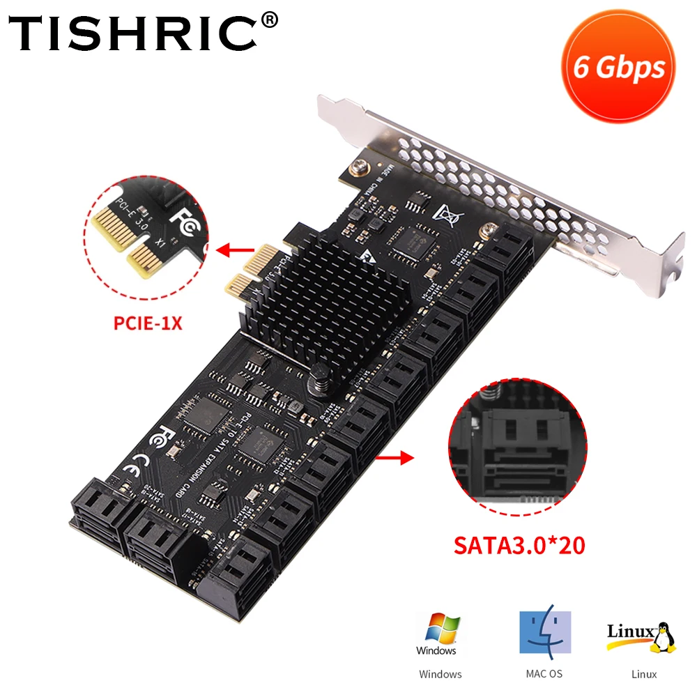 TISHRIC PCI SATA Control Riser Mining 20 Port PCI Express X1 To SATA 3. ...