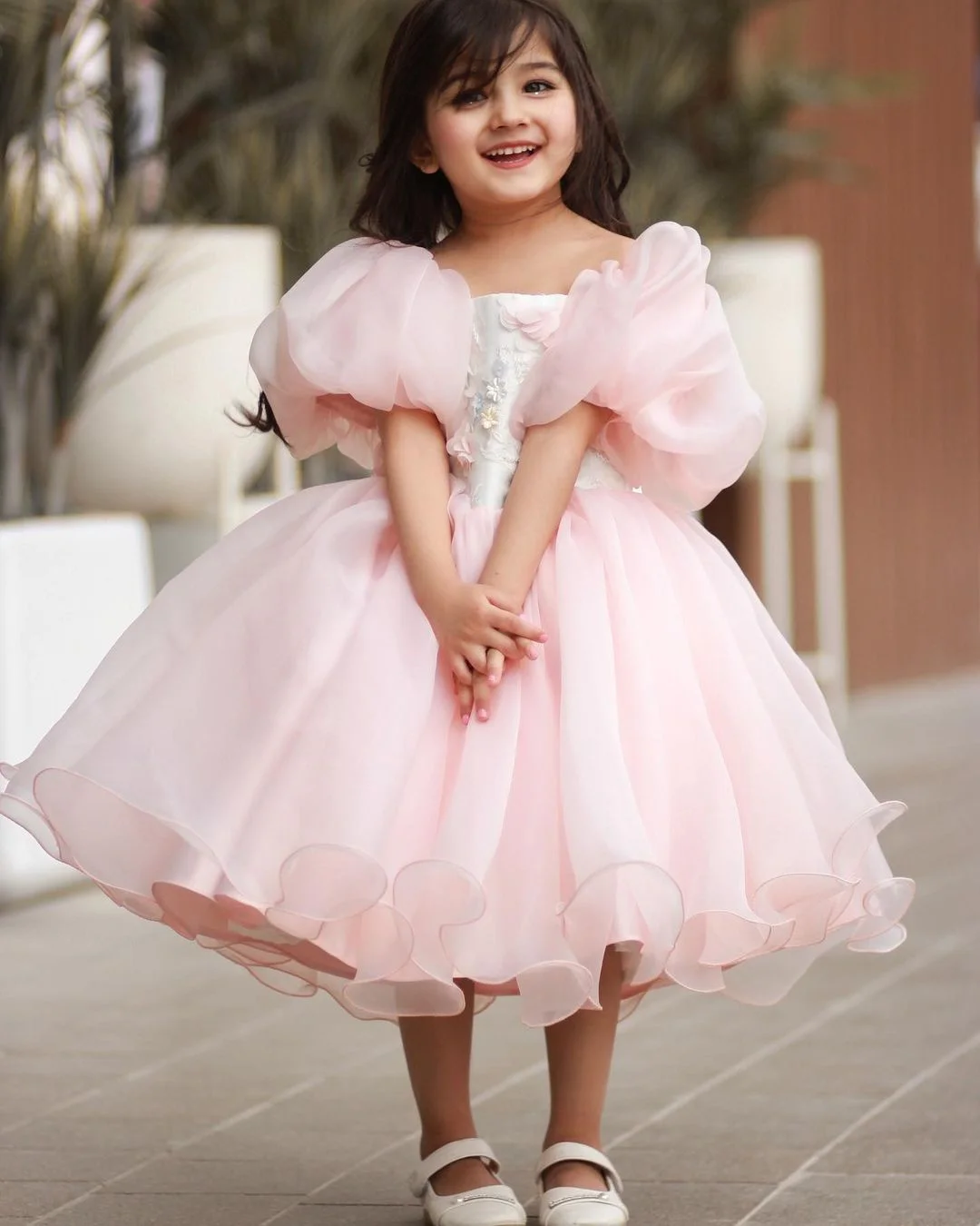Pink-Applique-Puffy-Flower-Girl-Dress-For-Wedding-Bubble-Sleeve-Elegant ...