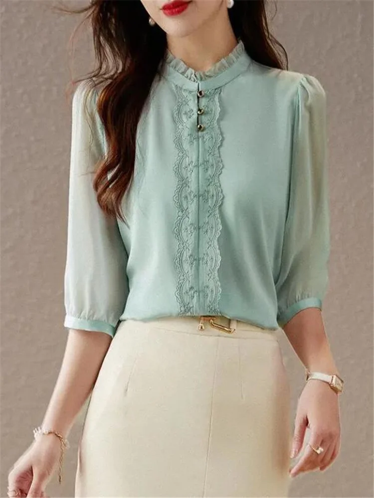 Fashion-Women-s-Blouses-Fungus-Lace-Shirt-Summer-Tops-Standing-Collar ...